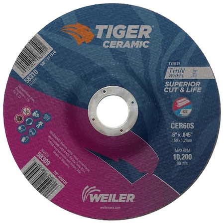 Weiler Type 27, 6 in Dia, 0.045 in Thick, Ceramic, 60 Grit 58309 | Zoro